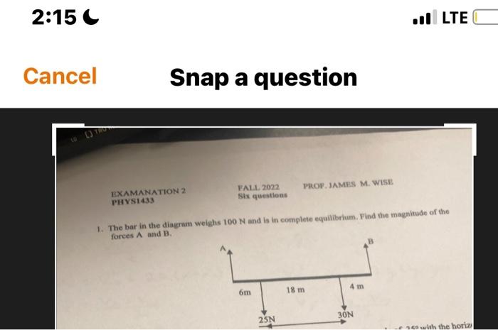 Solved 1. The bar in the diagram welghs 100 N and is in | Chegg.com