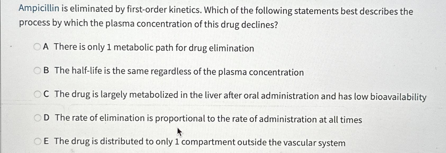Solved Ampicillin is eliminated by first-order kinetics. | Chegg.com