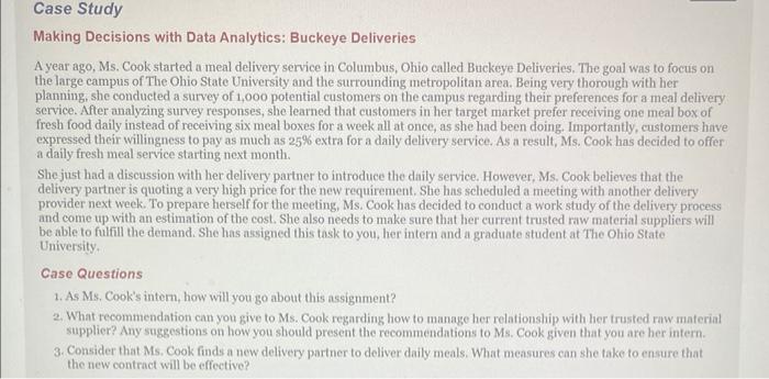 Solved Making Decisions with Data Analytics: Buckeye | Chegg.com
