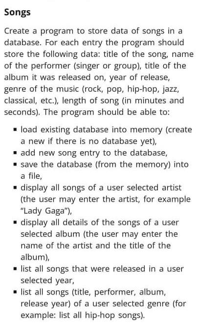 Solved Songs Create a program to store data of songs in a | Chegg.com