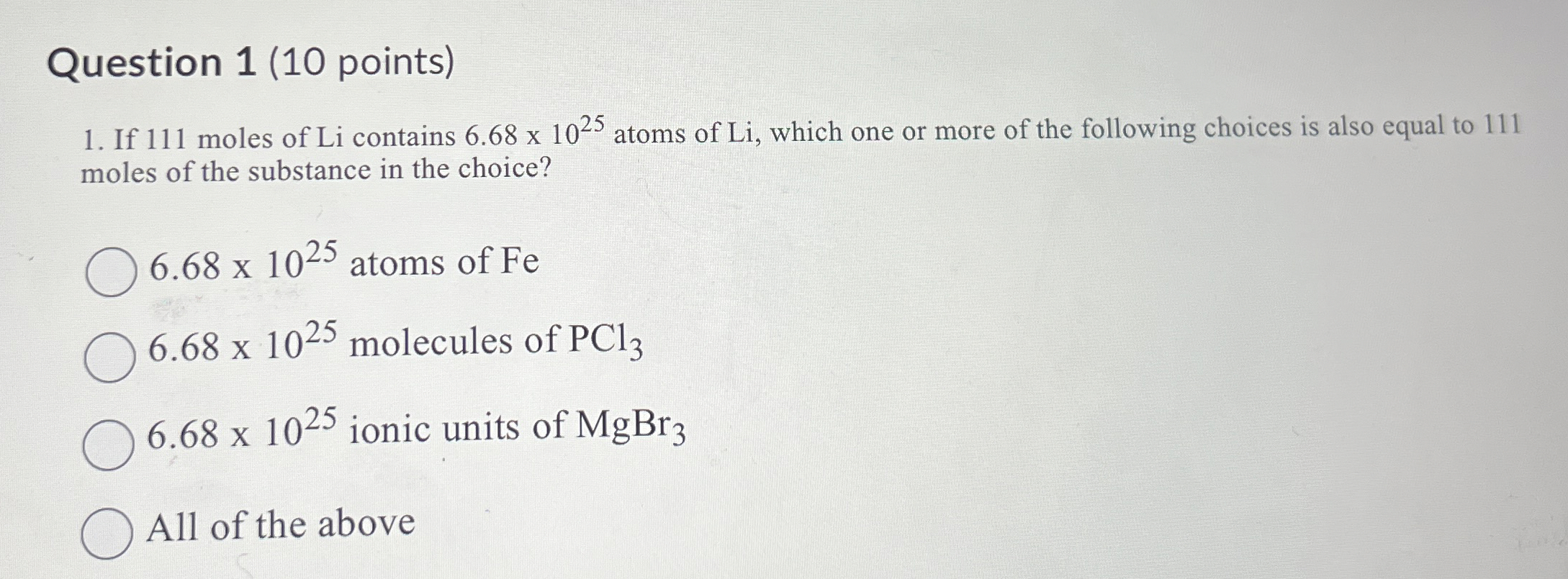 Solved Question 1 (10 ﻿points)If 111 ﻿moles of Li contains | Chegg.com