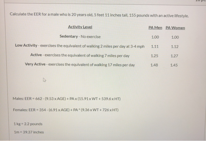 Solved Calculate the EER for a male who is 20 years old, 5 | Chegg.com