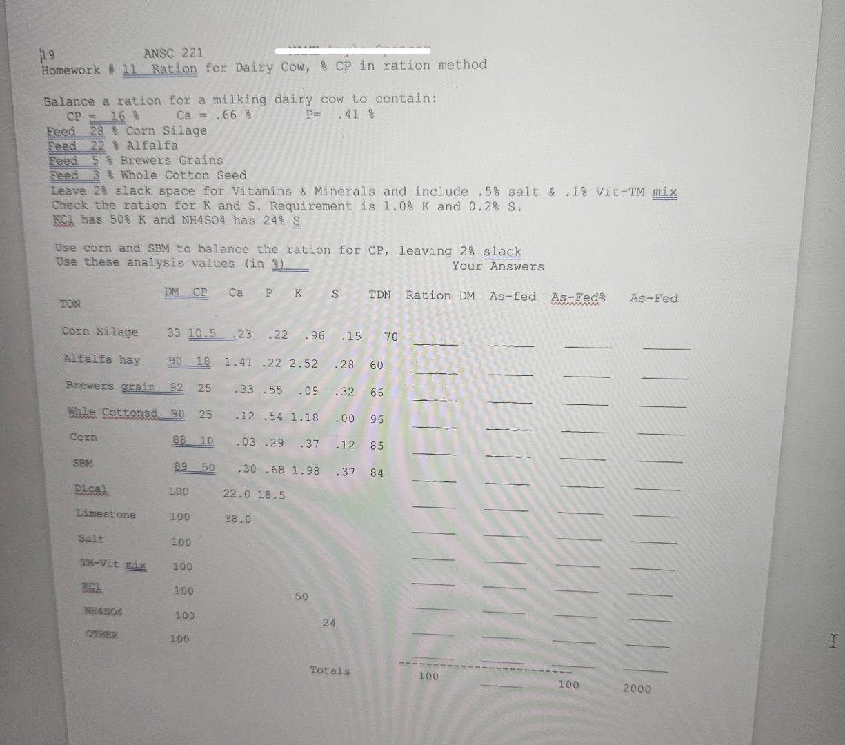 Solved ANSC 221Homework # 11 ﻿Ration for Dairy Cow, 8CP ﻿in | Chegg.com