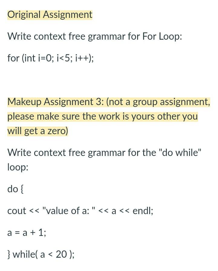 Solved Original Assignment Write context free grammar for | Chegg.com