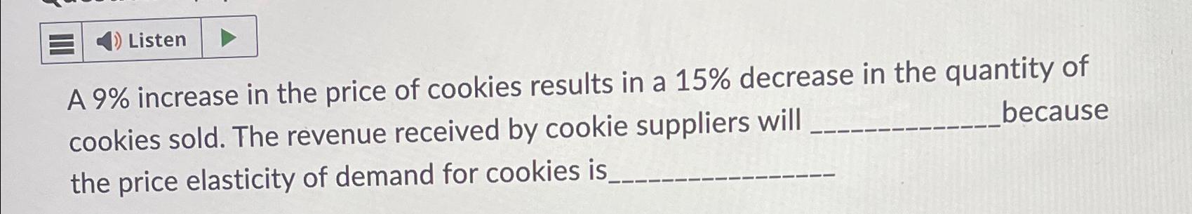 Solved ListenA 9% ﻿increase in the price of cookies results | Chegg.com