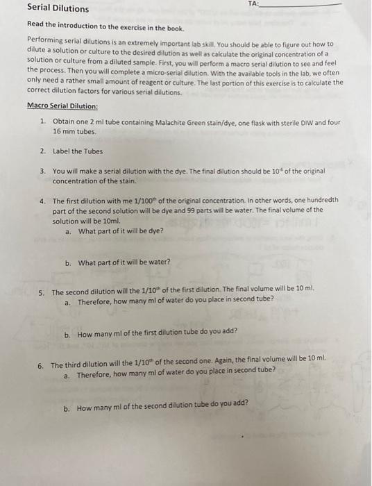 Solved Serial Dilutions Read the introduction to the | Chegg.com