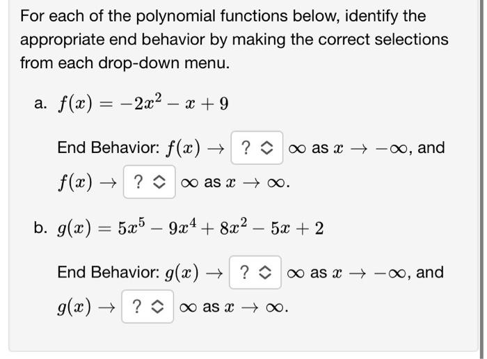 Solved For each of the polynomial functions below, identify | Chegg.com