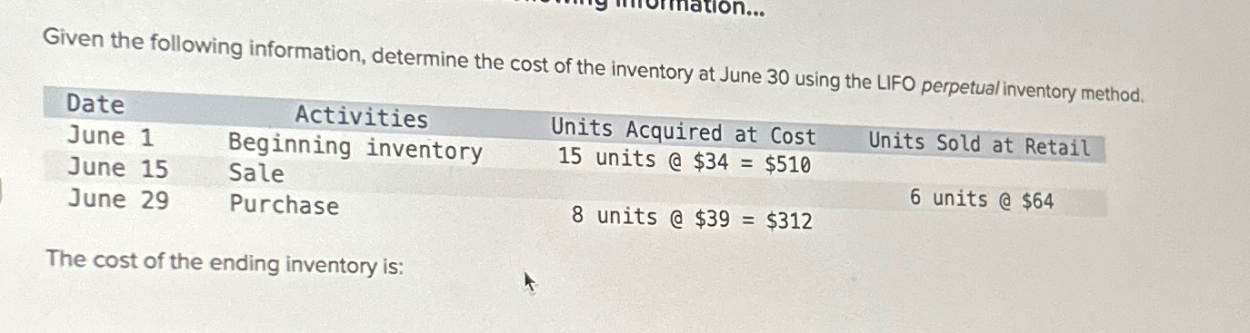 Solved Given the following information, determine the cost | Chegg.com