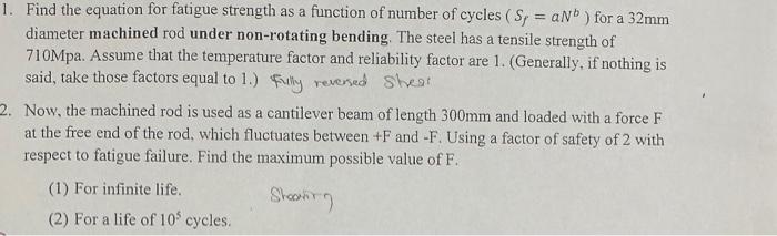 Solved 1. Find the equation for fatigue strength as a | Chegg.com