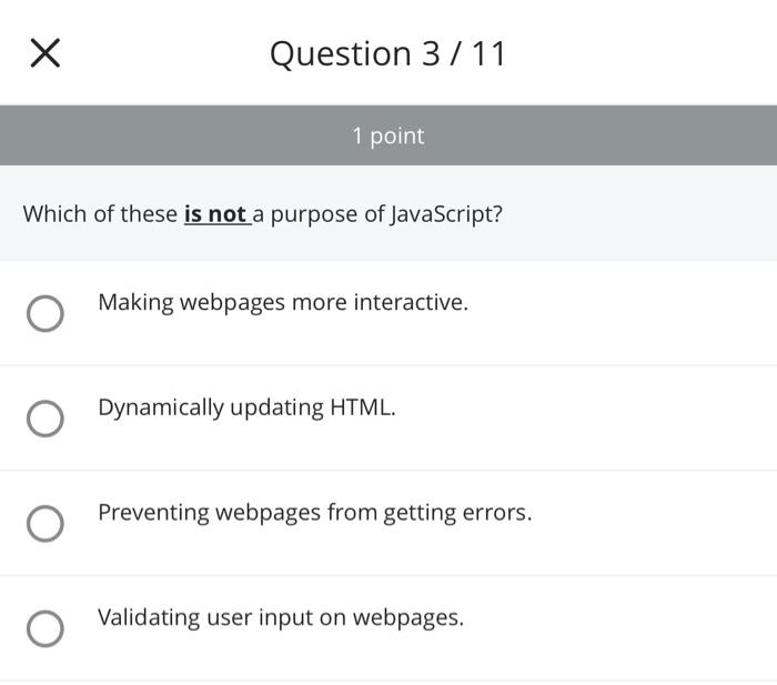 Solved Х Question 1/11 1 point What value does JavaScript | Chegg.com