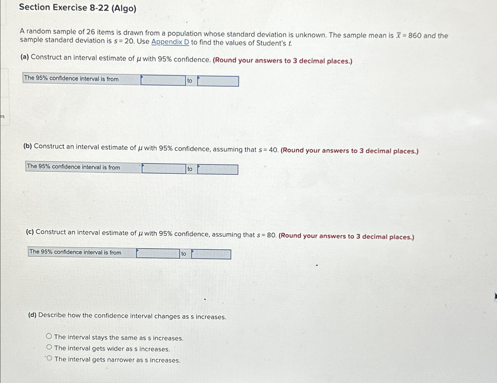 Solved Section Exercise 8-22 (Algo)A random sample of 26 | Chegg.com