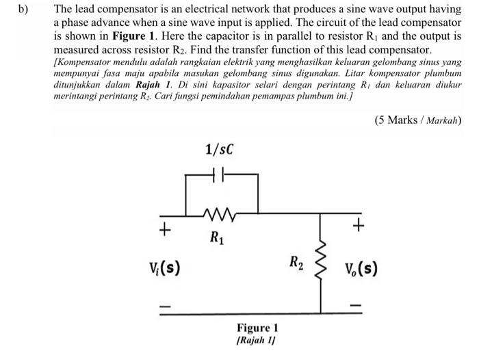 Solved b) The lead compensator is an electrical network that | Chegg.com