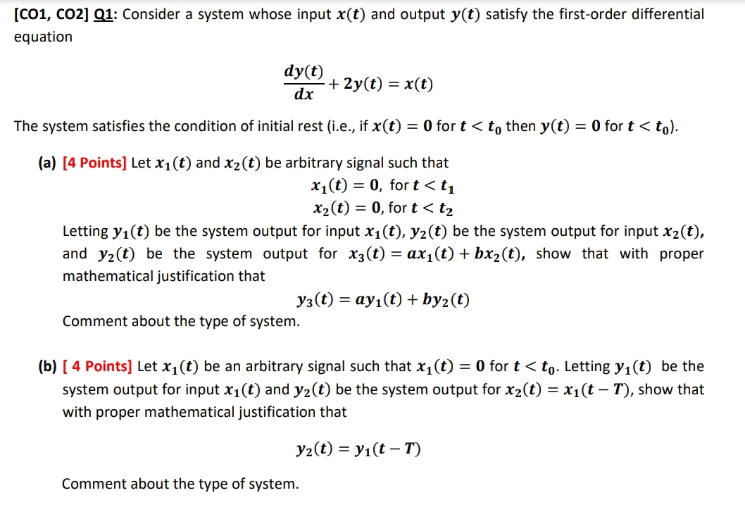 Solved [CO1, ﻿CO2] ﻿Q1: Consider a system whose input x(t) | Chegg.com