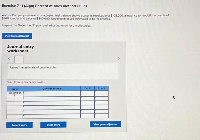 Solved Exercise 7.6 (Algo) Recording and reporting allowance | Chegg.com