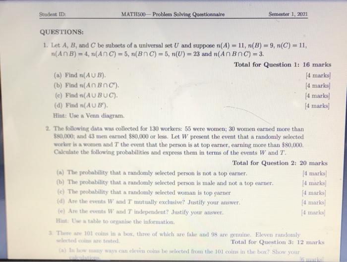 Solved Student ID: MATH500- Problem Solving Questionnaire | Chegg.com
