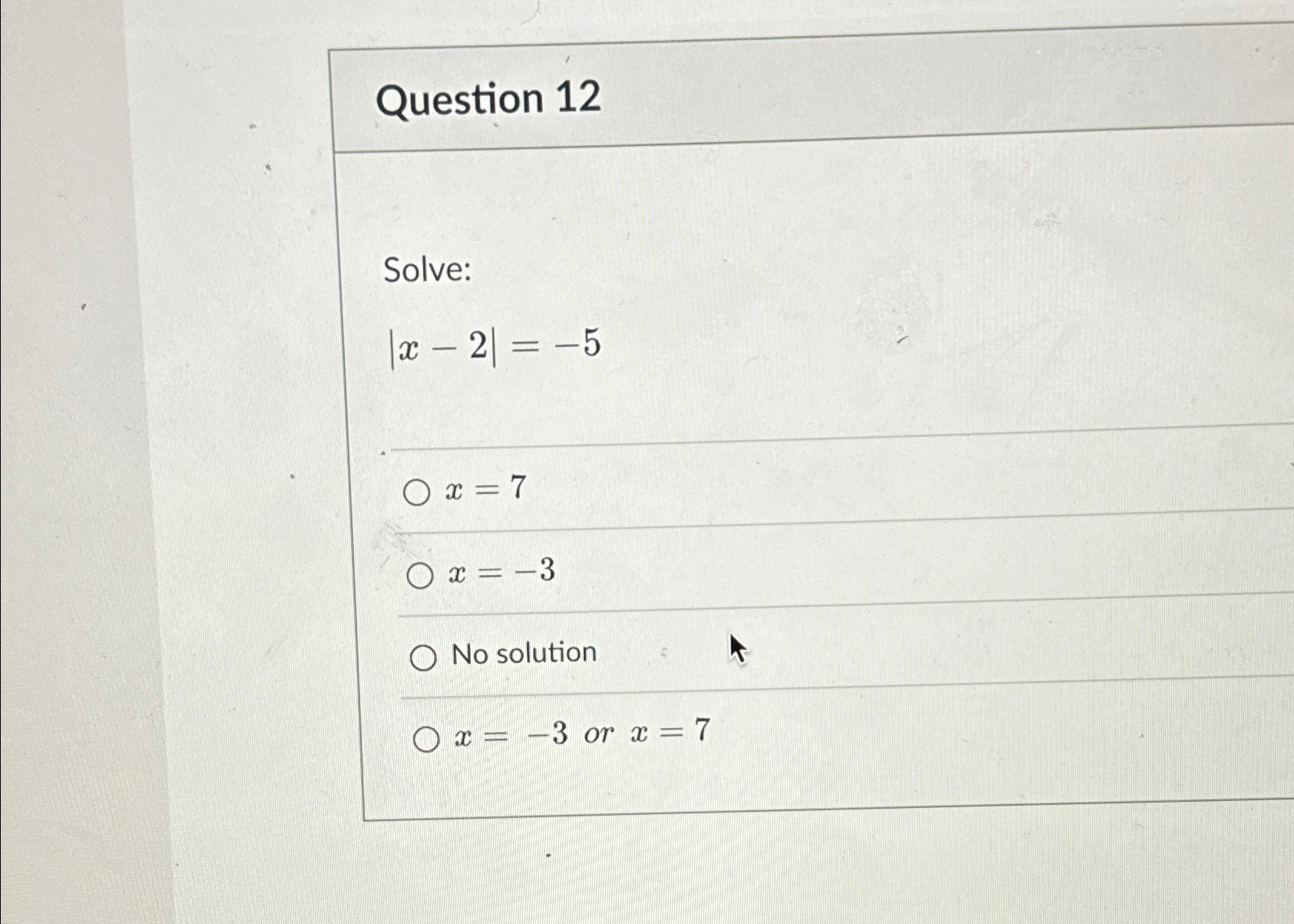 Solved Question 12Solve:|x-2|=-5x=7x=-3No | Chegg.com
