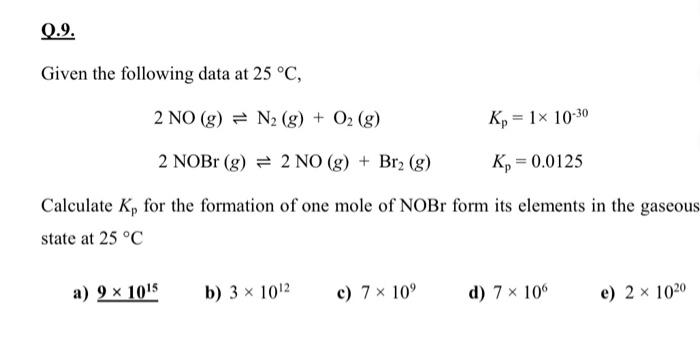 Solved Given the following data at 25∘C. 2NO(g)⇌N2( g)+O2( | Chegg.com