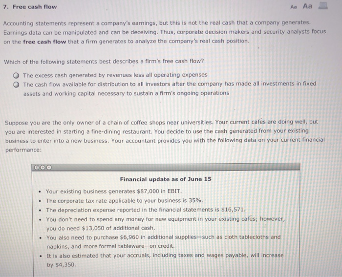 Solved 7. Free cash flow Aa Aa Accounting statements | Chegg.com