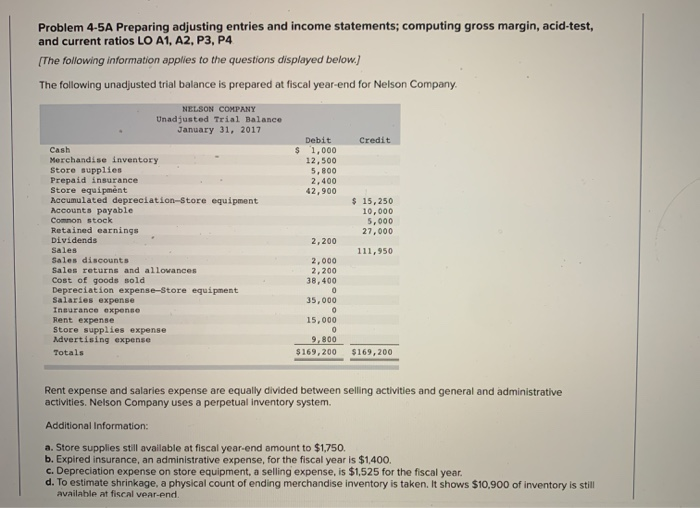 Solved Problem 4-5A Preparing adjusting entries and income | Chegg.com