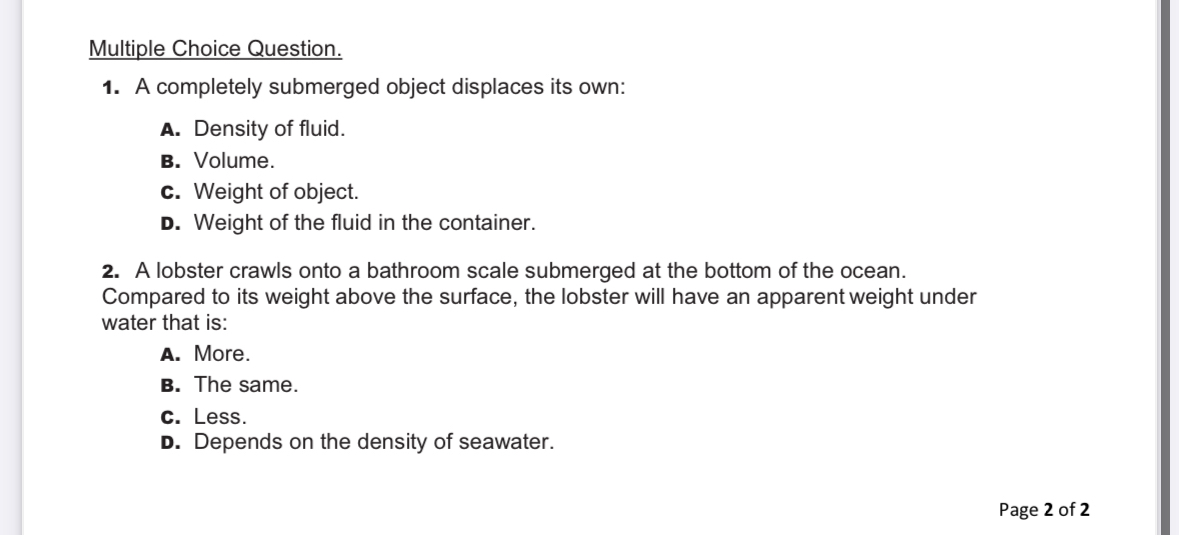 Solved Multiple Choice Question.A completely submerged | Chegg.com