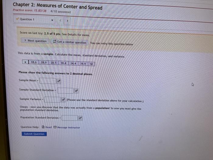 Solved Chapter 2: Measures of Center and Spread Practice | Chegg.com