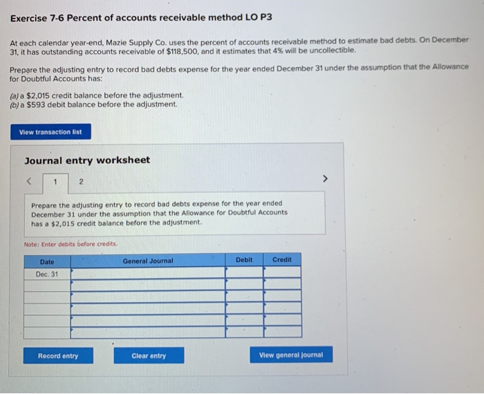 Solved Exercise 7-6 Percent of accounts receivable method LO | Chegg.com