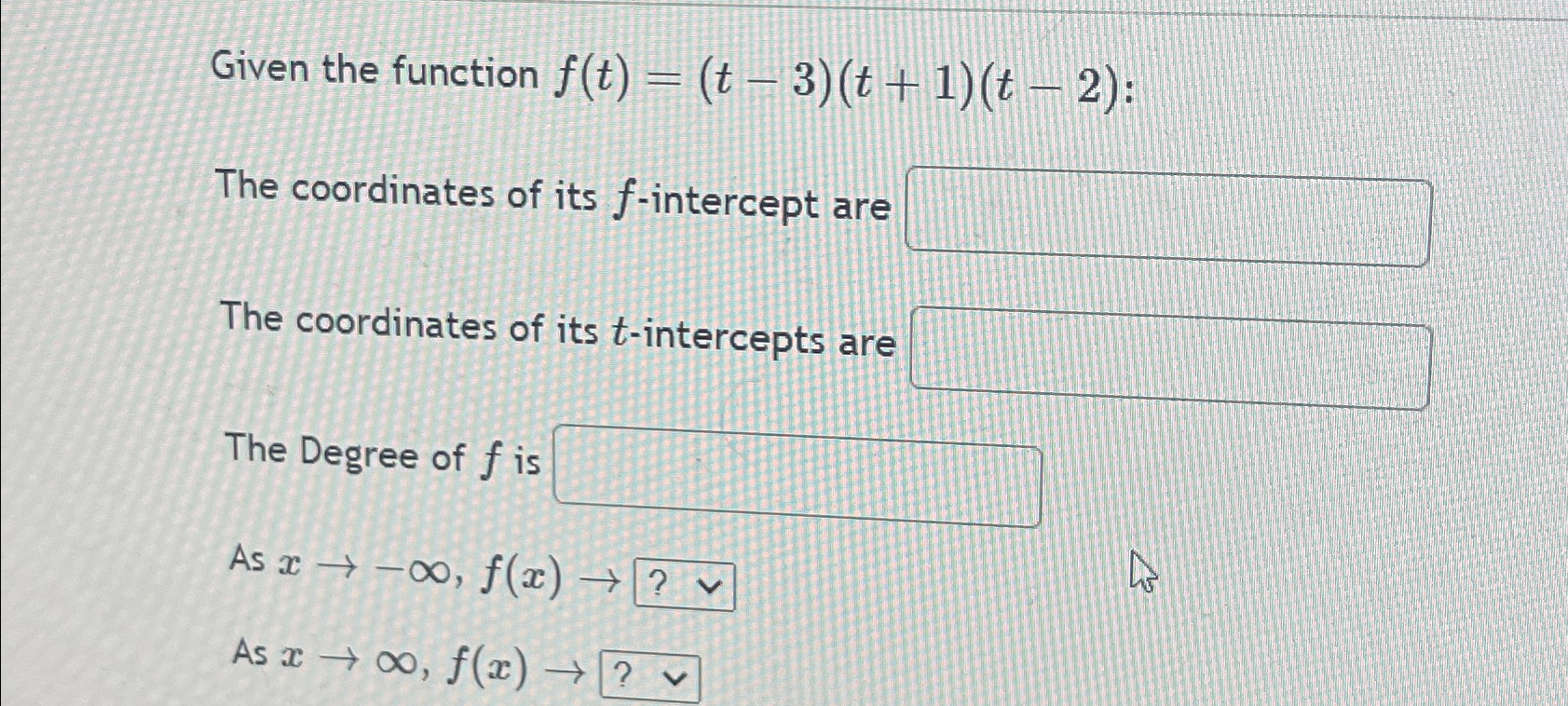Solved Given the function f(t)=(t-3)(t+1)(t-2) ﻿:The | Chegg.com