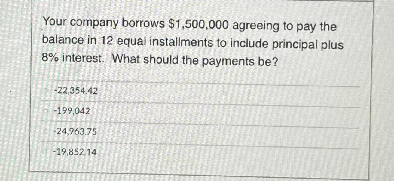 Solved Your company borrows $1,500,000 ﻿agreeing to pay the | Chegg.com