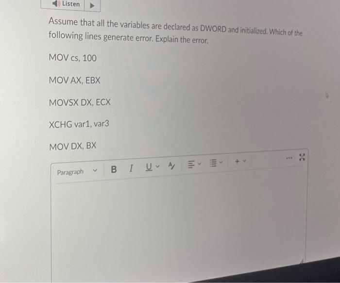 Assume that all the variables are declared as DWORD | Chegg.com