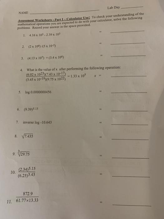 Solved Assessment Worksheets - Part I-Calculator Use: To | Chegg.com