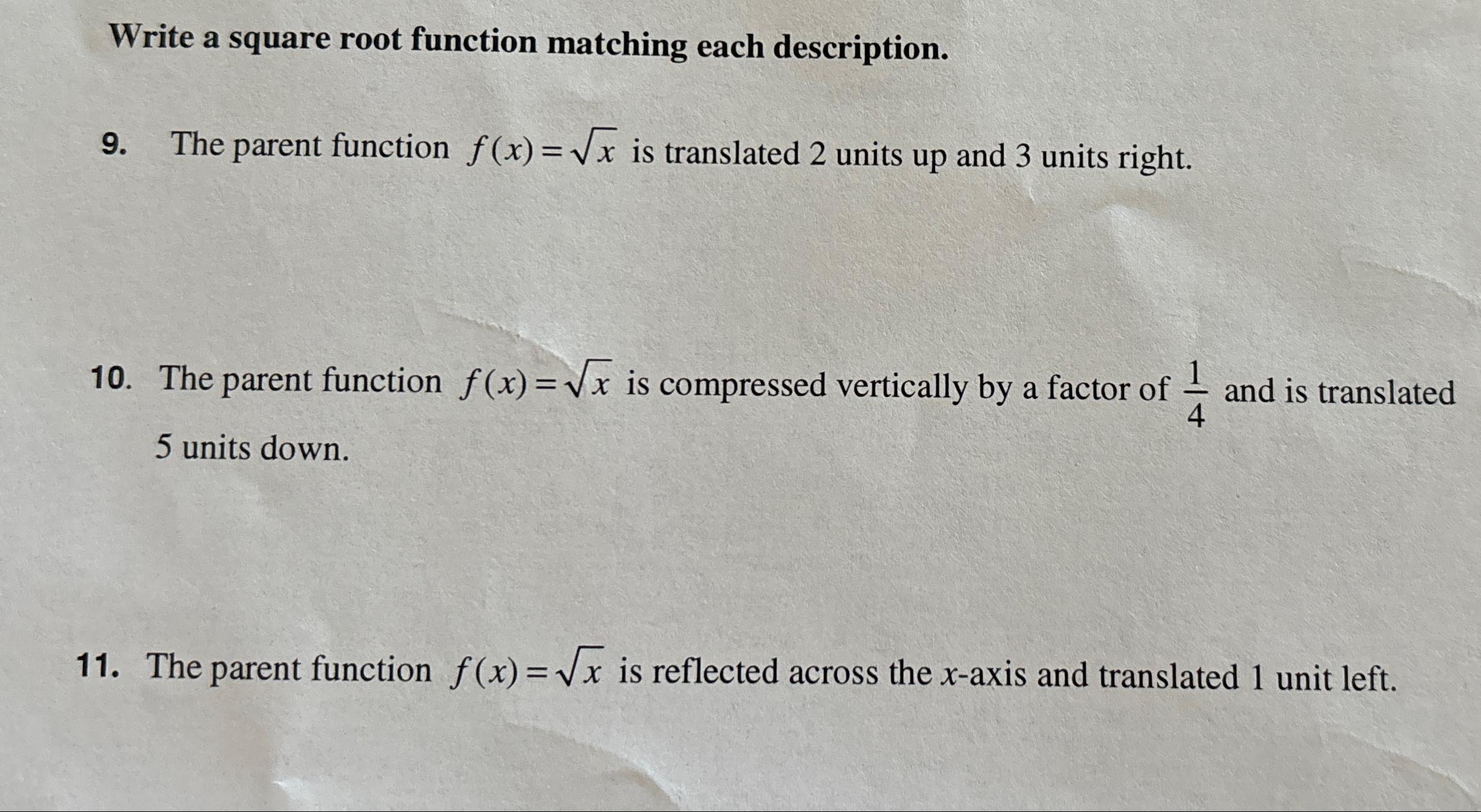 Solved Write a square root function matching each | Chegg.com
