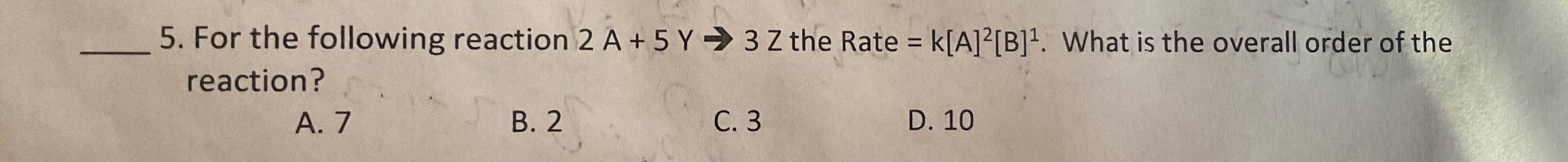Solved For the following reaction 2A+5Y→3Z ﻿the Rate | Chegg.com