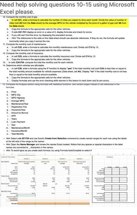 Need help solving questions 10-15 using Microsoft | Chegg.com