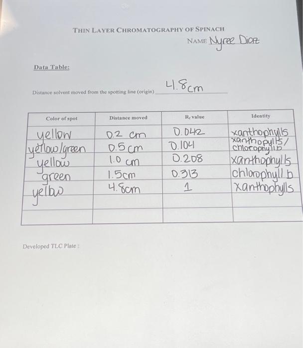 Solved THIN LAYER CHROMATOGRAPHY OF SPINACH Name Nyree Diort | Chegg.com