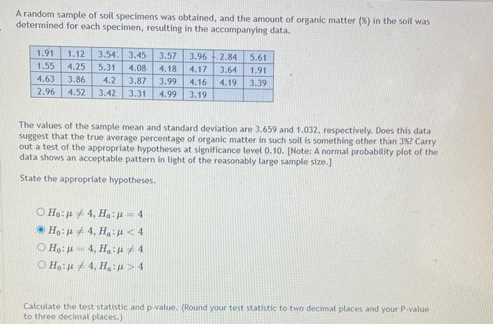 Solved A random sample of soil specimens was obtained, and | Chegg.com