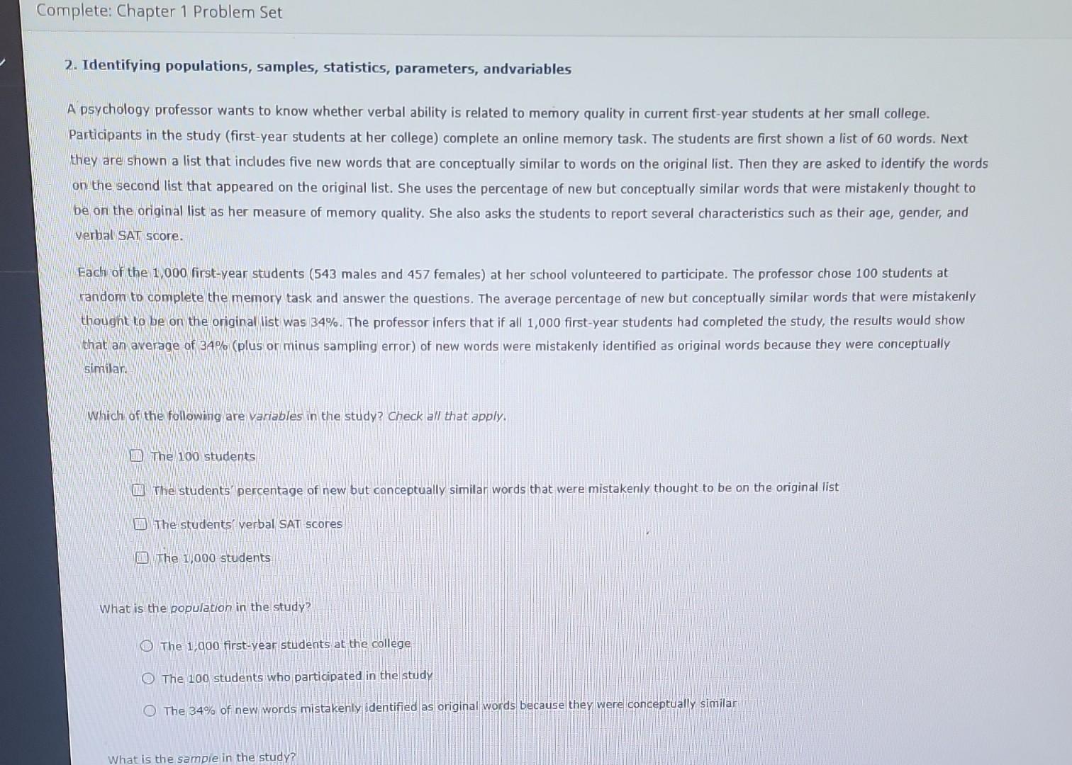 Solved 2. Identifying populations, samples, statistics, | Chegg.com