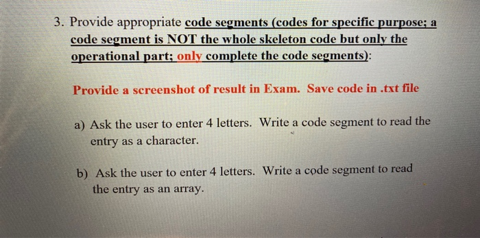 3. Provide appropriate code segments (codes for | Chegg.com