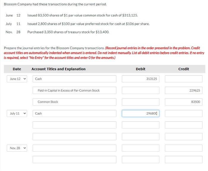 Solved Blossom Company had these transactions during the | Chegg.com
