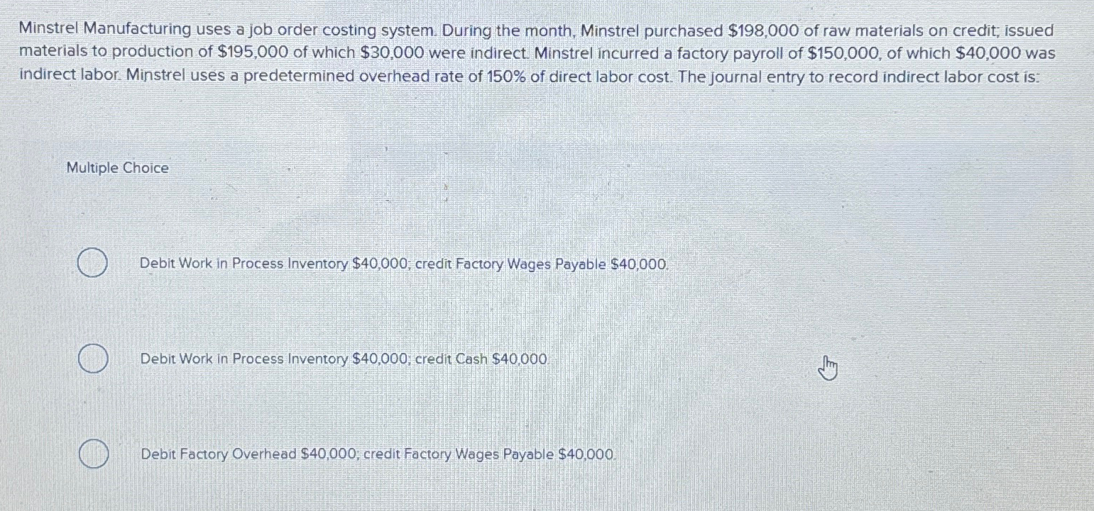 Solved Minstrel Manufacturing uses a job order costing | Chegg.com