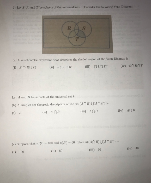 Solved 3. Let S. R. and T be subsets of the universal set U. | Chegg.com