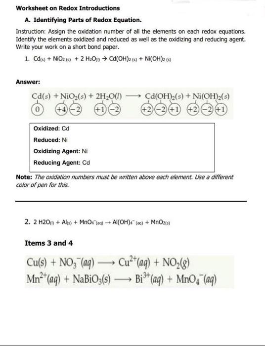 Solved Worksheet on Redox Introductions A. Identifying Parts | Chegg.com