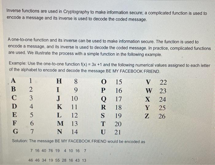 Solved Inverse Functions Are Used In Cryptography To Make