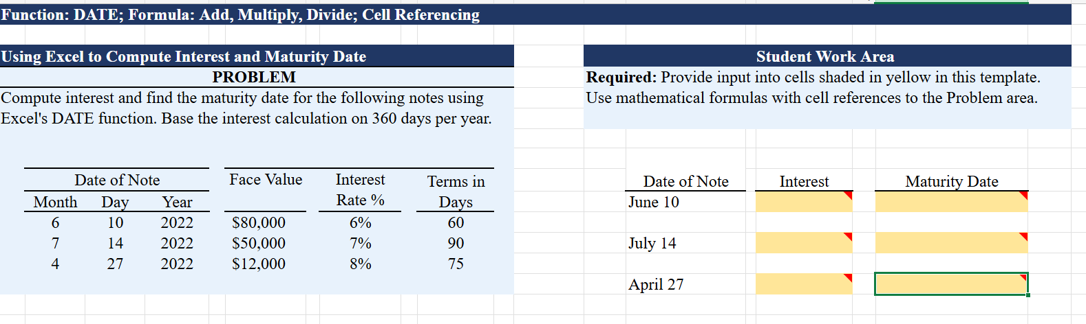 Solved Function: DATE; Formula: Add, Multiply, Divide; Cell | Chegg.com