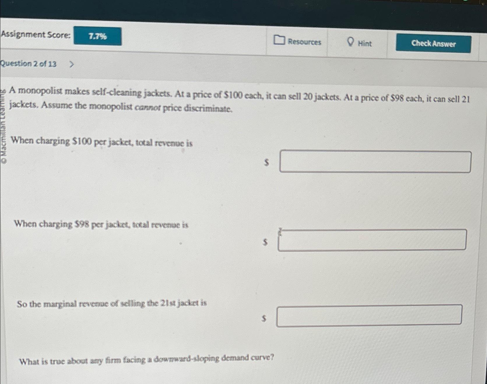 Solved Assignment Score:ResourcesHintQuestion 2 ﻿of 13A | Chegg.com