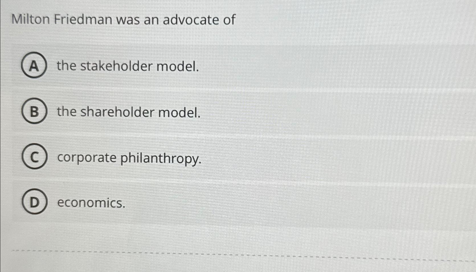 Solved Milton Friedman was an advocate ofthe stakeholder | Chegg.com