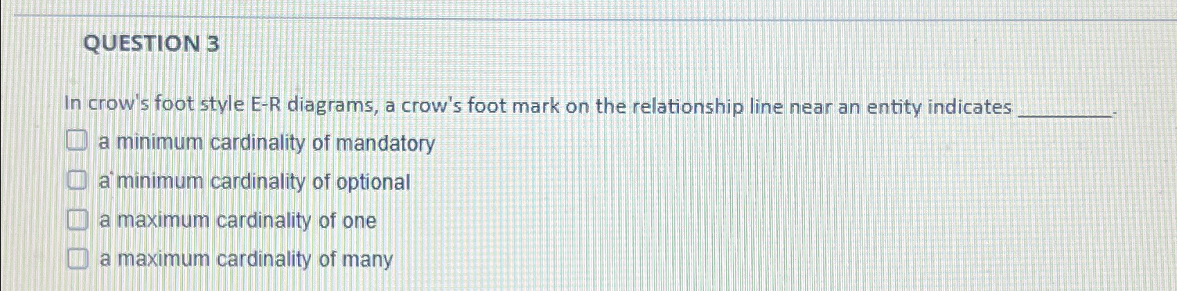 Solved QUESTION 3In crow's foot style E-R diagrams, a crow's | Chegg.com