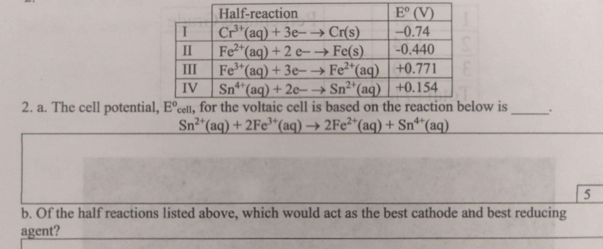 Solved Sn2+(aq)+2Fe3+(aq)→2Fe2+(aq)+Sn4+(aq) b. Of the half | Chegg.com