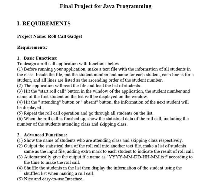 Solved Final Project for Java Programming I. REQUIREMENTS | Chegg.com