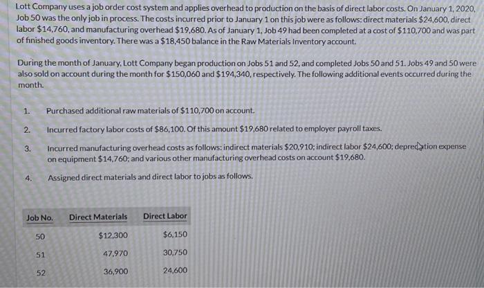 Solved Lott Company uses a job order cost system and applies | Chegg.com