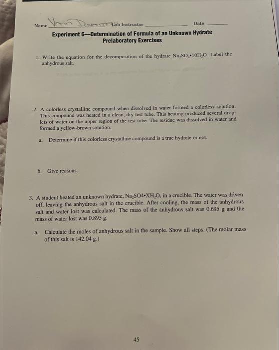 Solved Experiment 6-Determination of Formula of an Unknown | Chegg.com